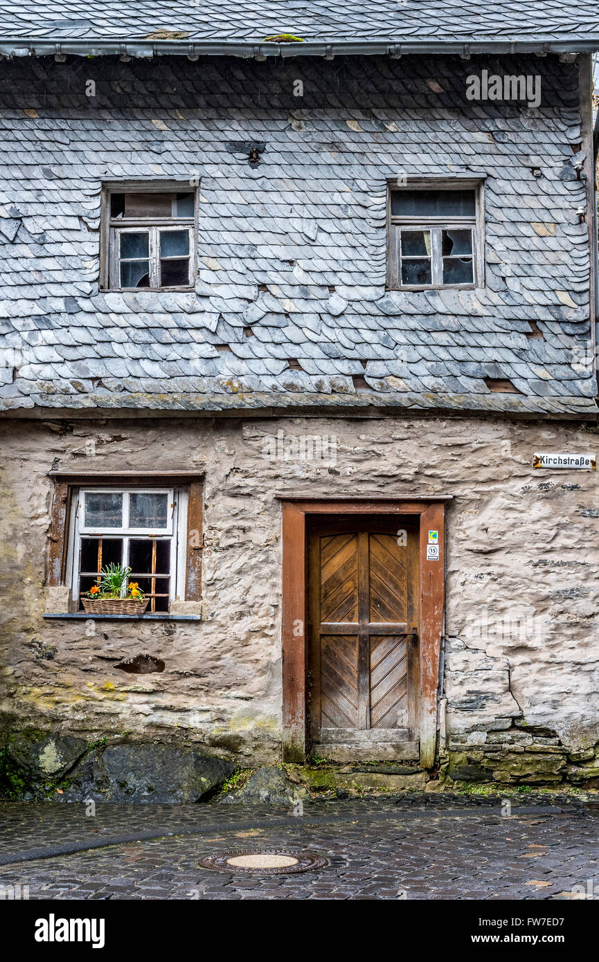 Street scene in the old medieval town of Monschau in northwest Germany ...