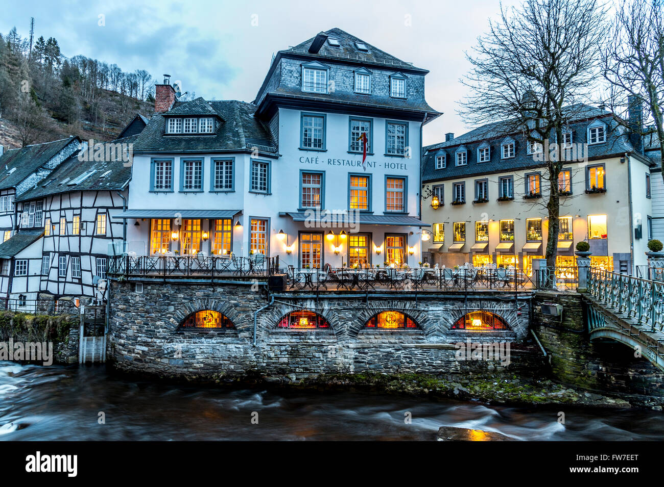 Night-time street scene in the old medieval town of Monschau in ...