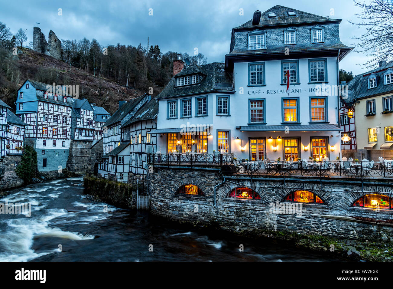 Night-time street scene in the old medieval town of Monschau in ...
