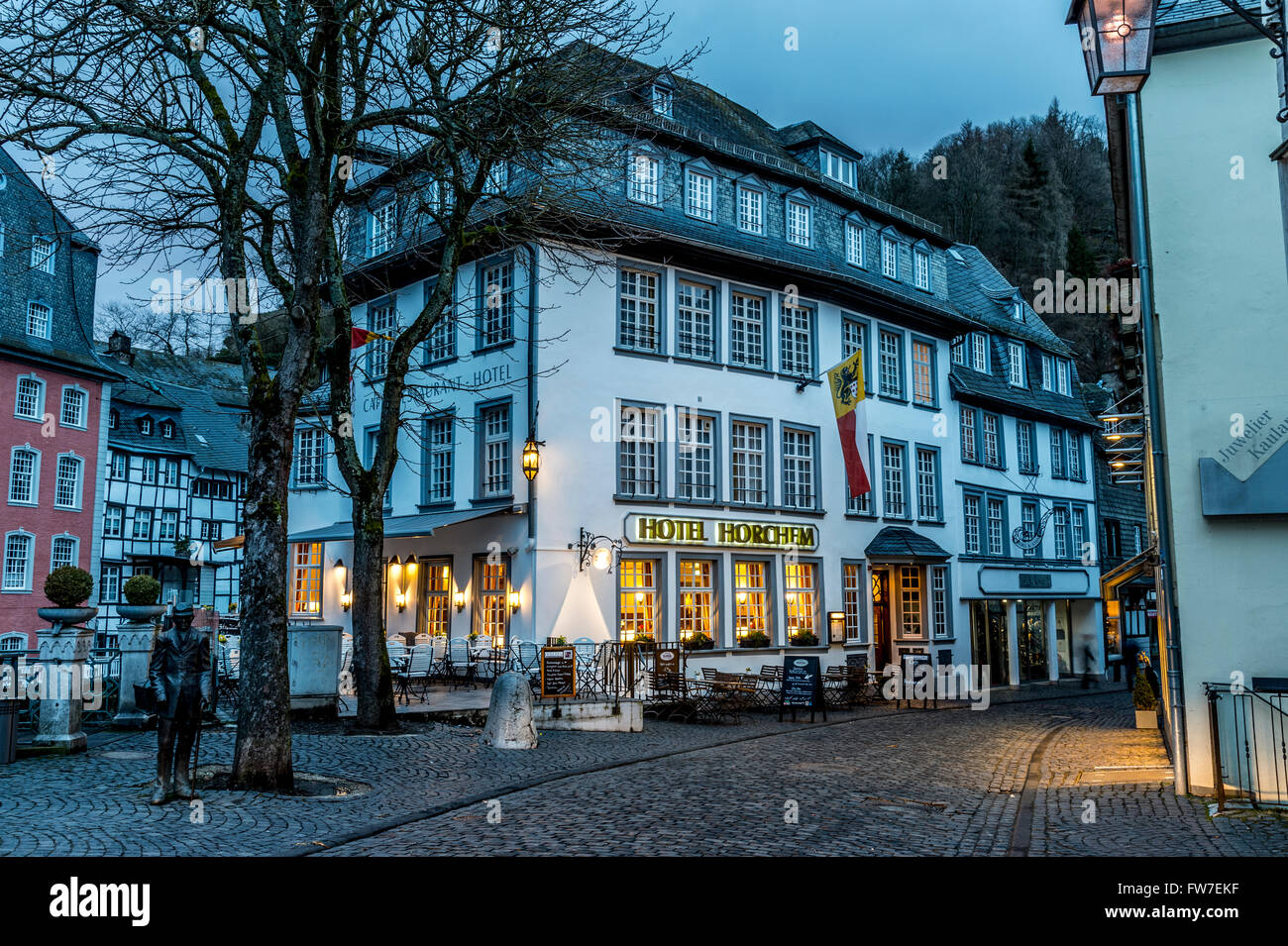Street scene in the old medieval town of Monschau in northwest Germany ...