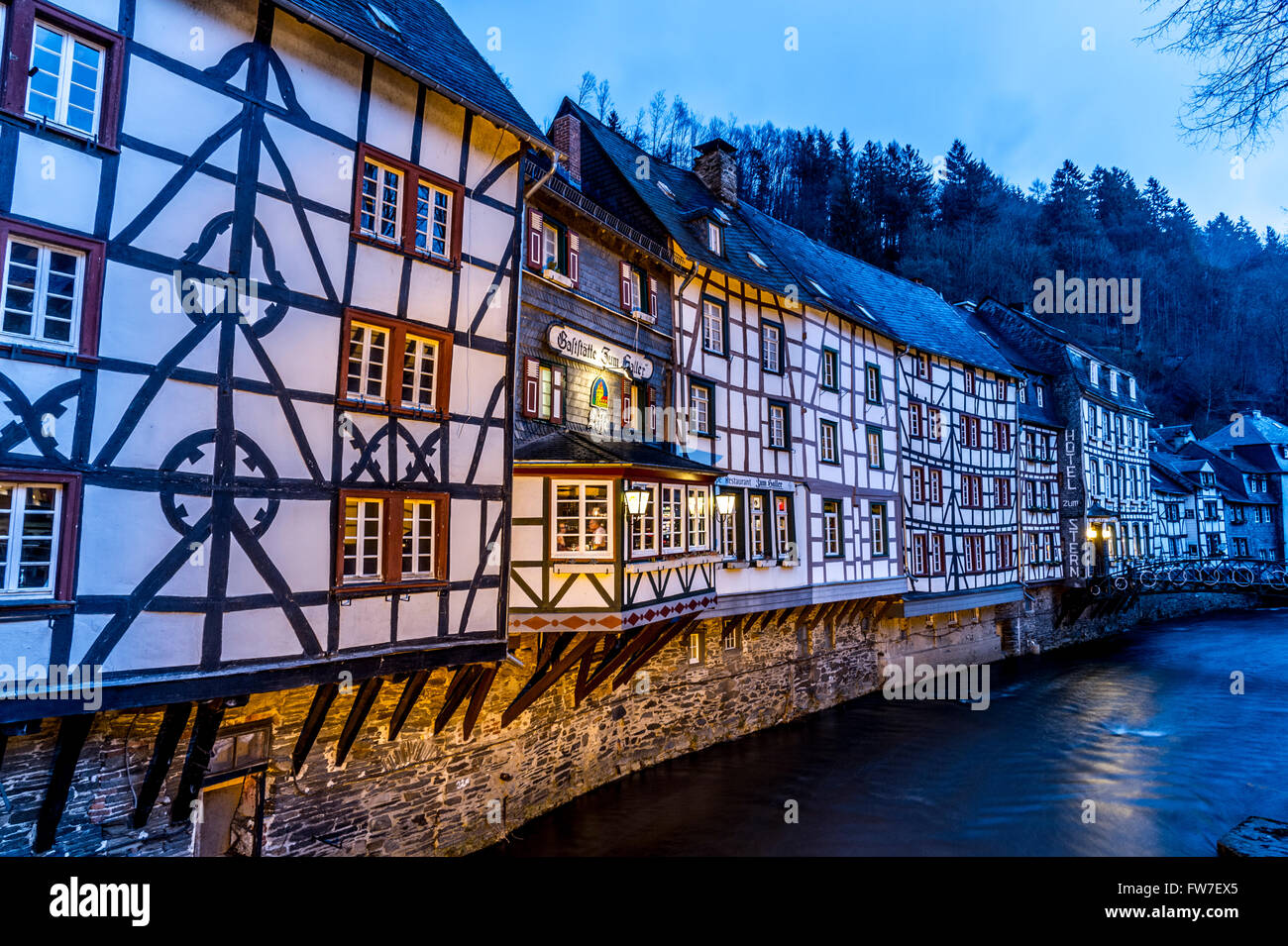 Street scene in the old medieval town of Monschau in northwest Germany ...