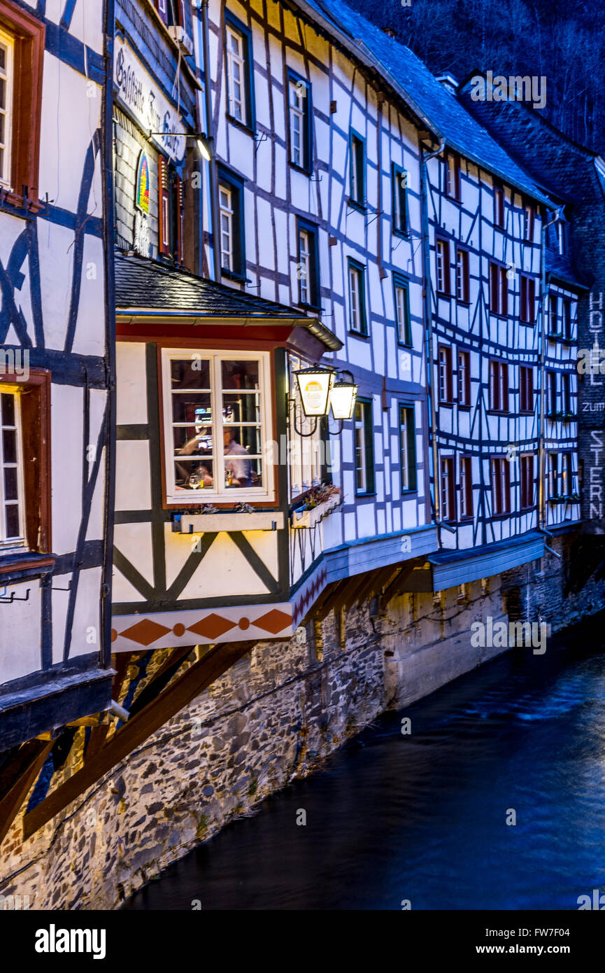 Street scene in the old medieval town of Monschau in northwest Germany ...