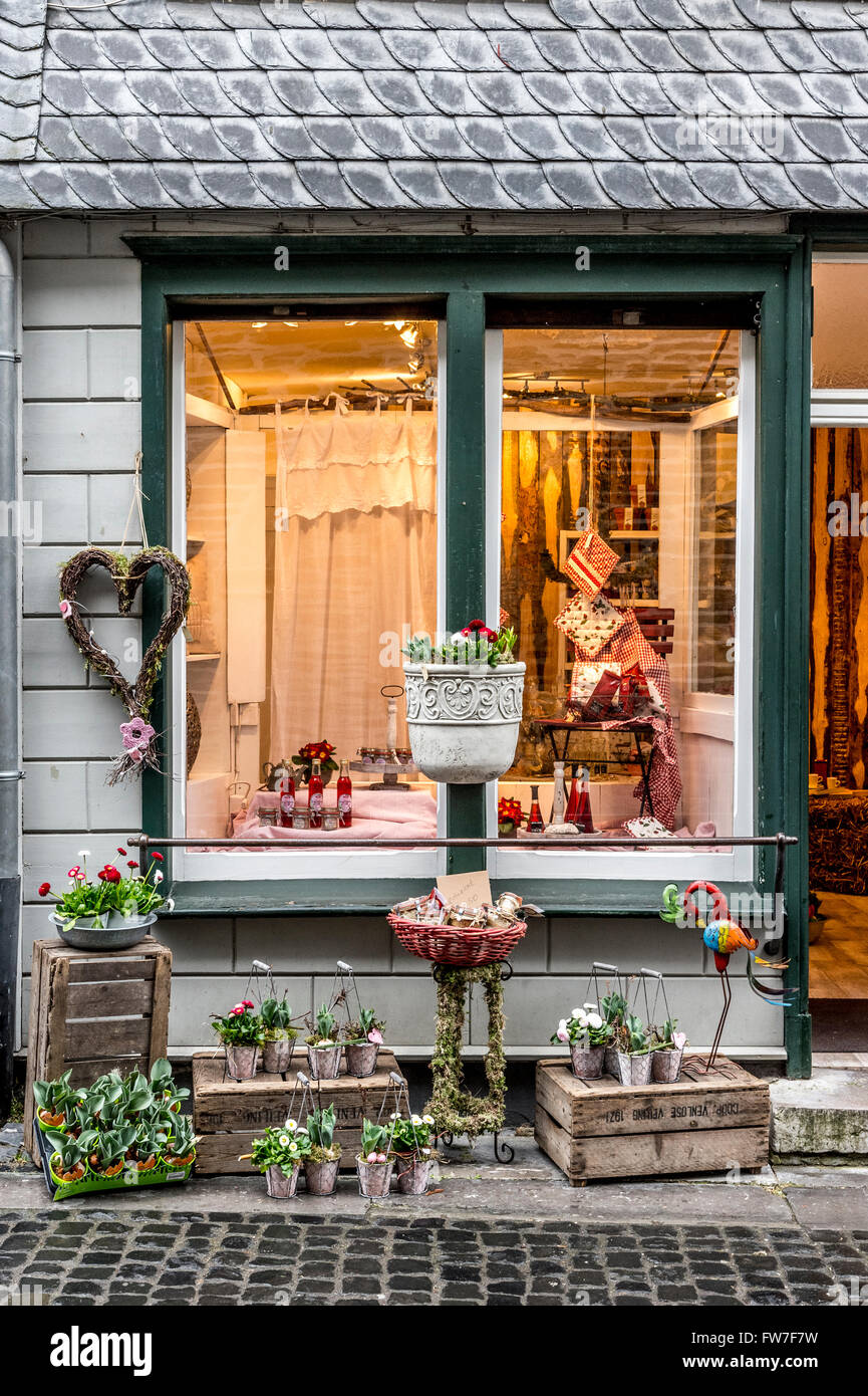 Street scene and shop window displays in the old medieval town of ...