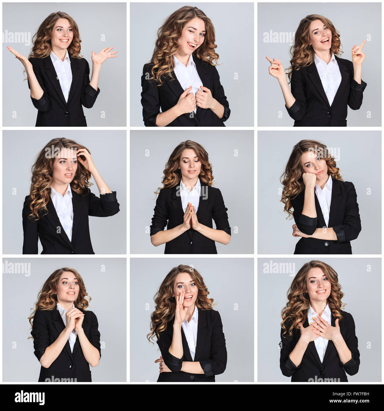 The collage of young woman's portrait with happy emotions on gray ...