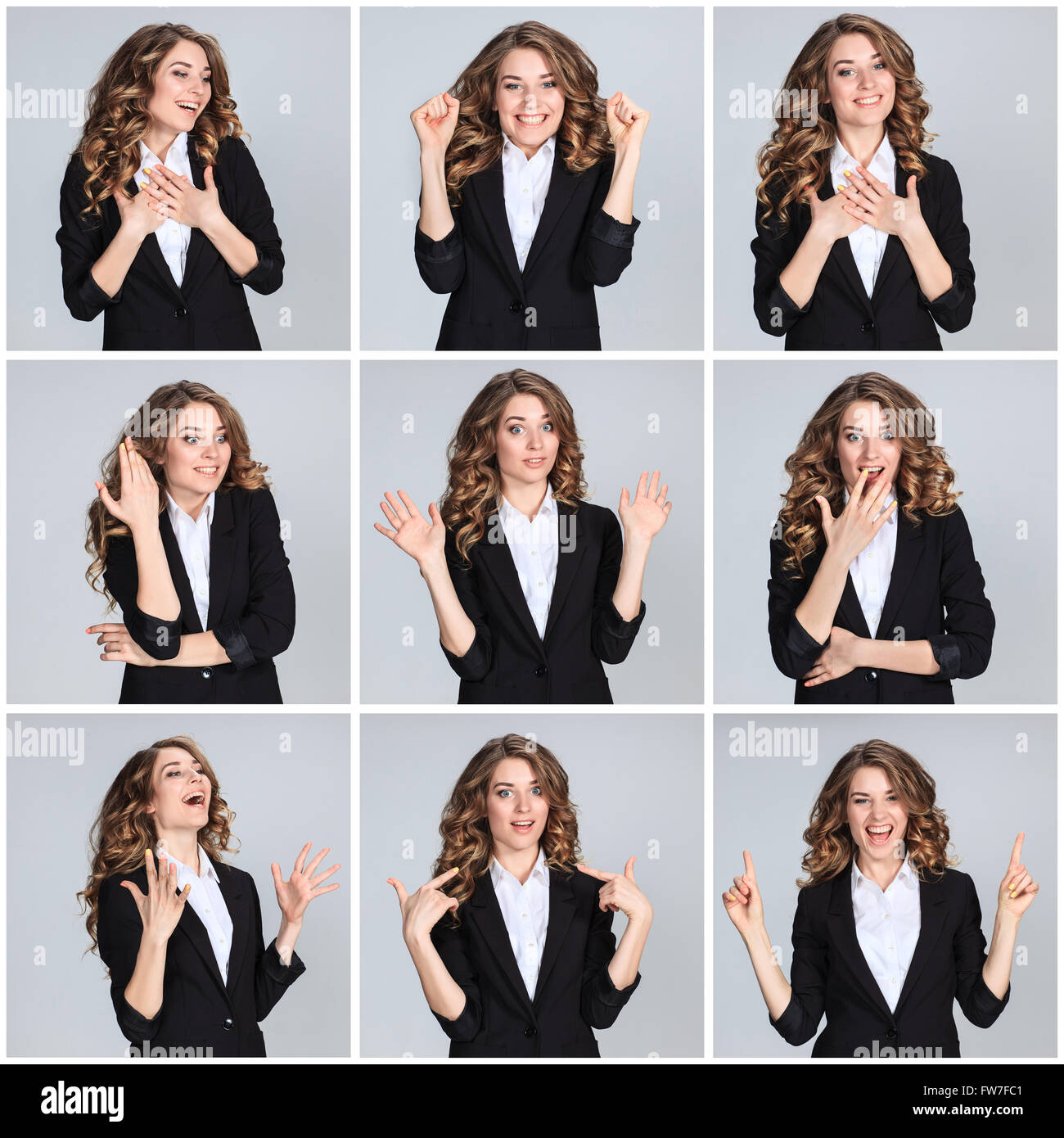 The collage of young woman's portrait with happy emotions on gray ...