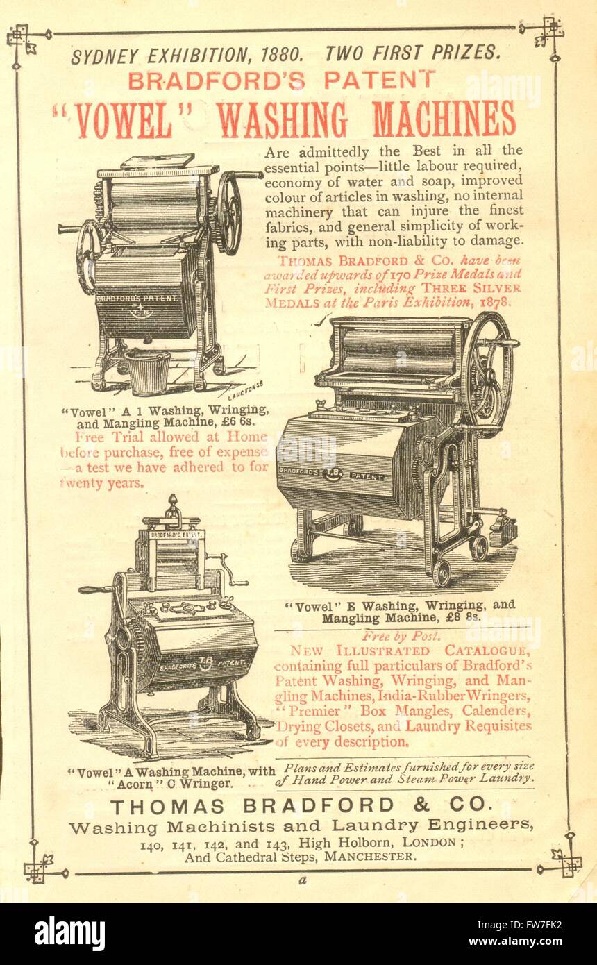 Advertisement for Bradford's Patent "Vowel" Washing Machines Stock ...