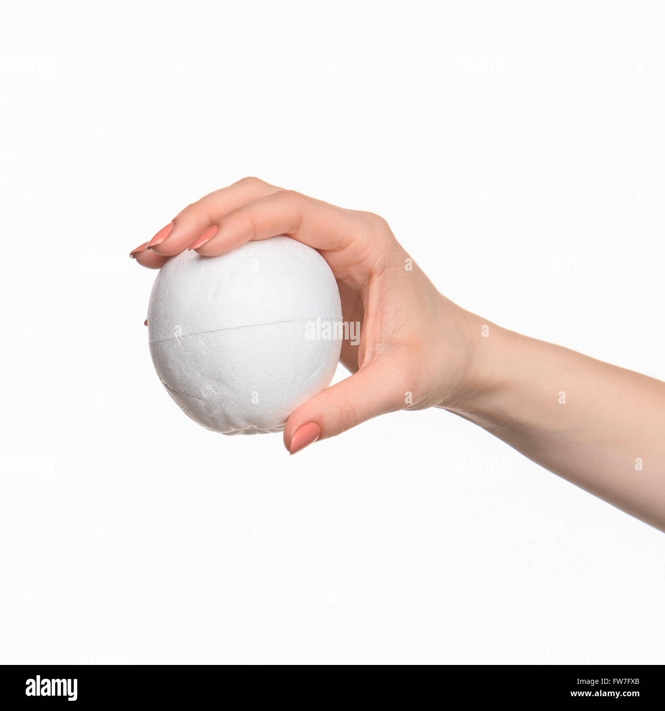 The female hand holding white blank styrofoam oval against the white ...