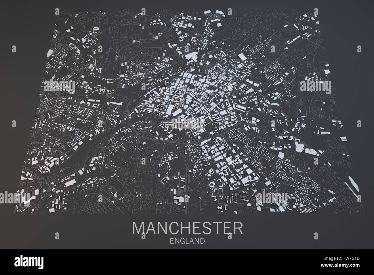 Manchester satellite view on a dark background, United Kingdom, Great ...