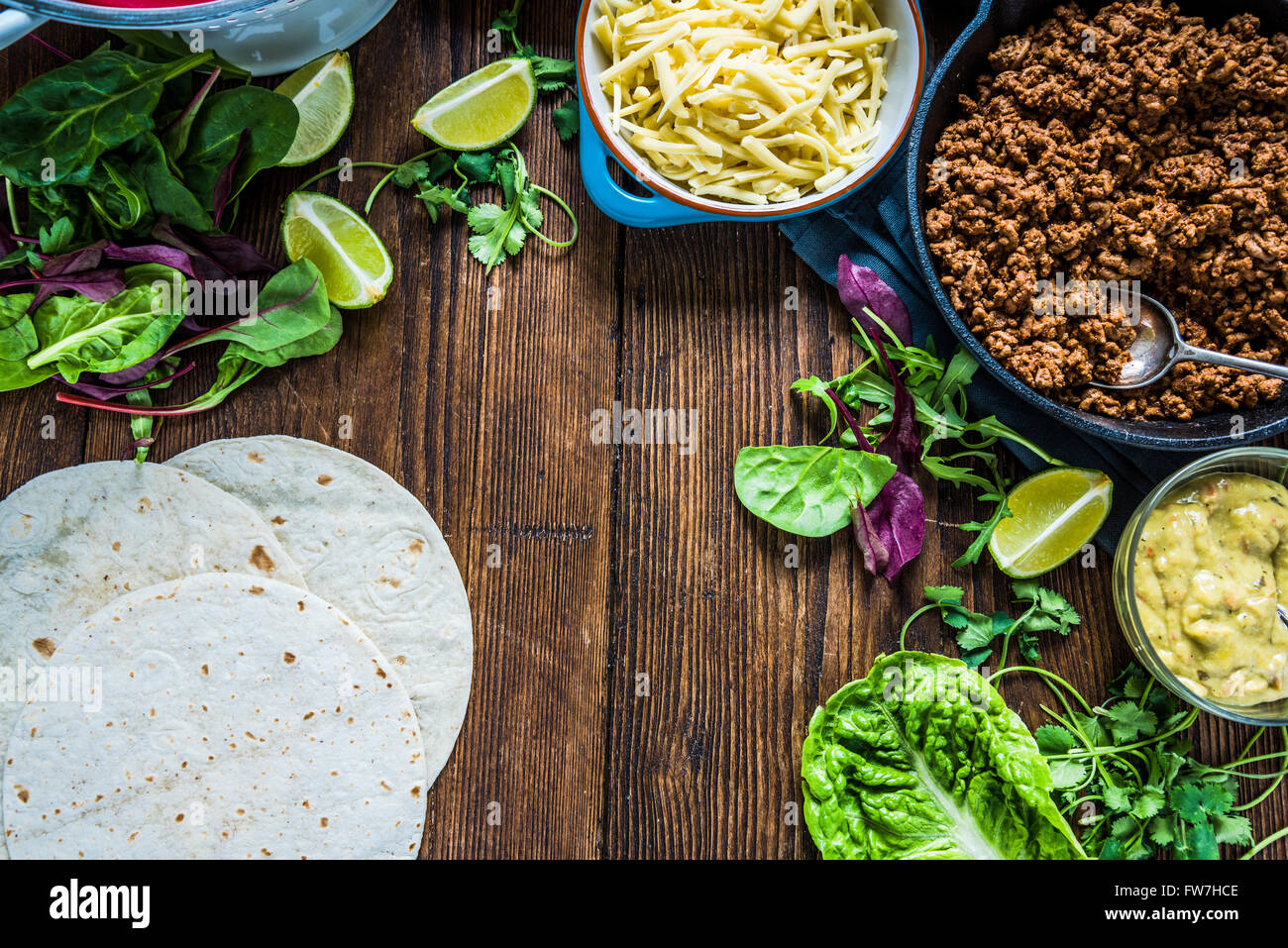 Authentic mexican tortillas ingredients on table. View from above ...