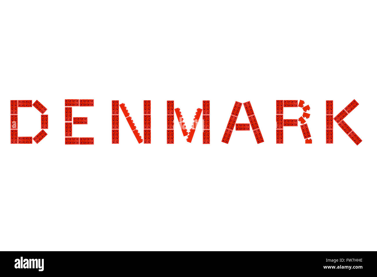 The word Denmark made from Lego pieces photographed against a white ...