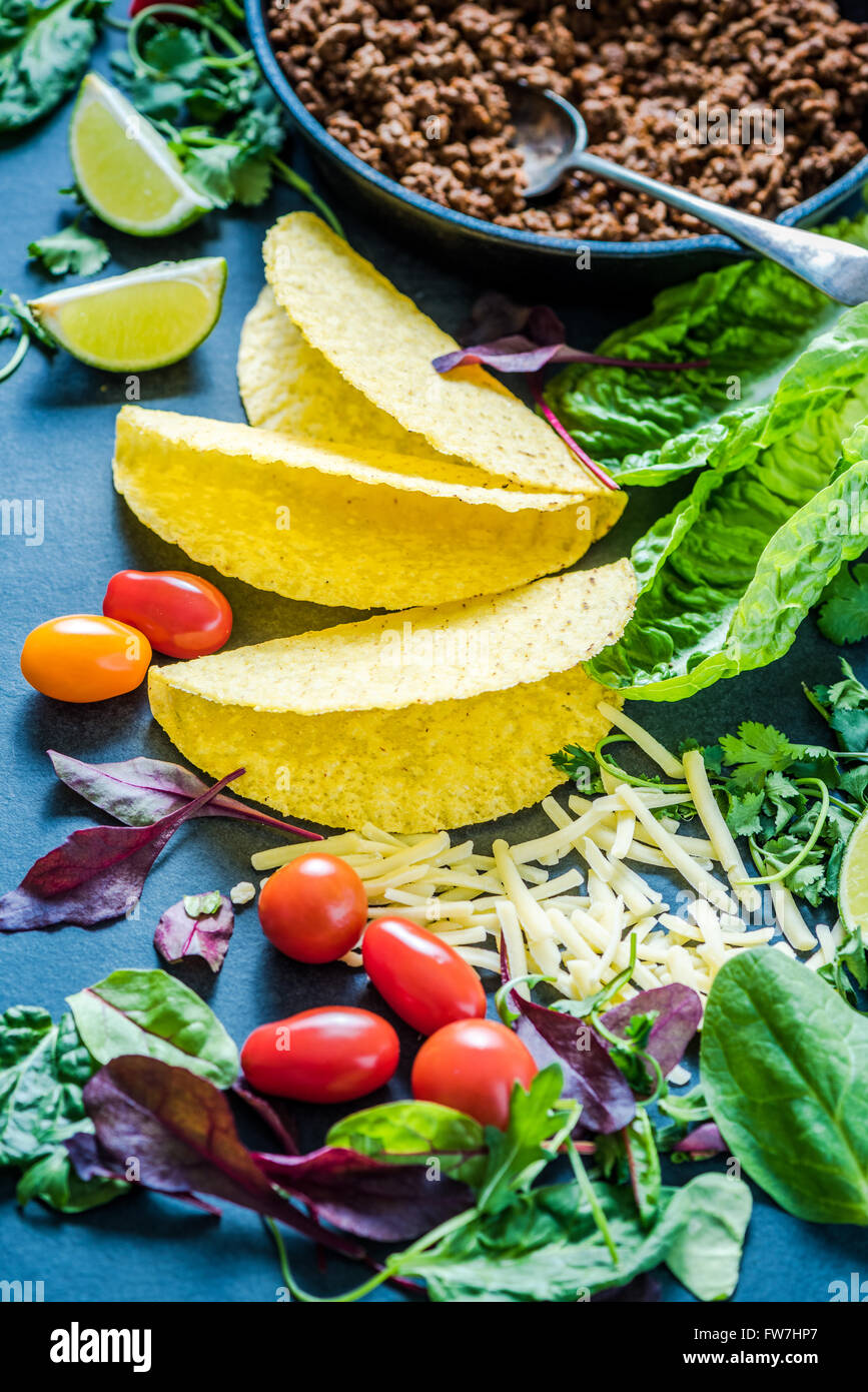 Mexican tacos, food border background recipe, overhead. Authentic ...