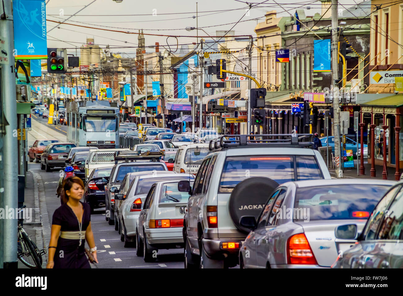 Traffic build up, in inner city, Swan Street, Richmond, Melbourne ...