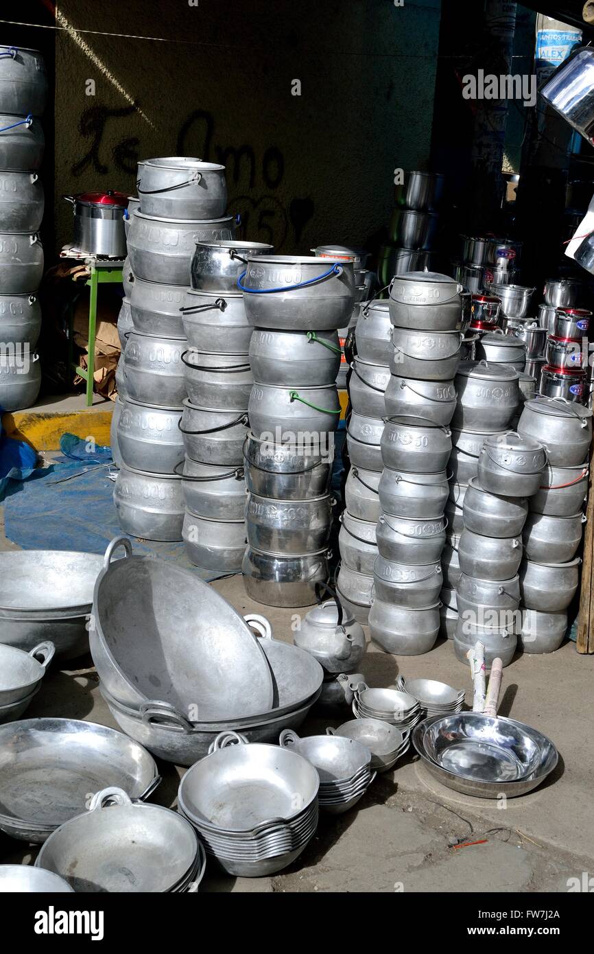 Steel pans from Chiclayo - Market in HUANCABAMBA. Department of Piura ...