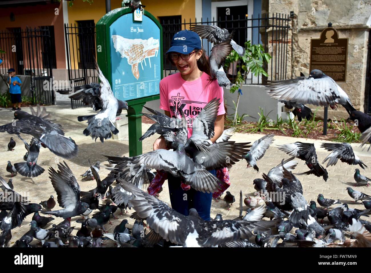 Feeding pigeons at pigeon park in Old San Juan, Puerto Rico Stock Photo ...