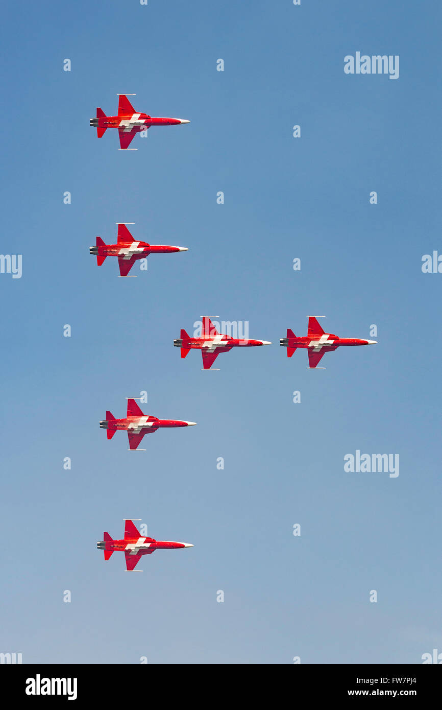 Patrouille Suisse, the formation aerobatic display team of the Swiss Air Force flying the ...