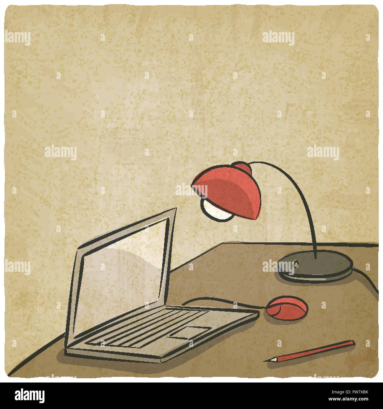 workplace laptop lamp old background - vector illustration. eps 10 ...
