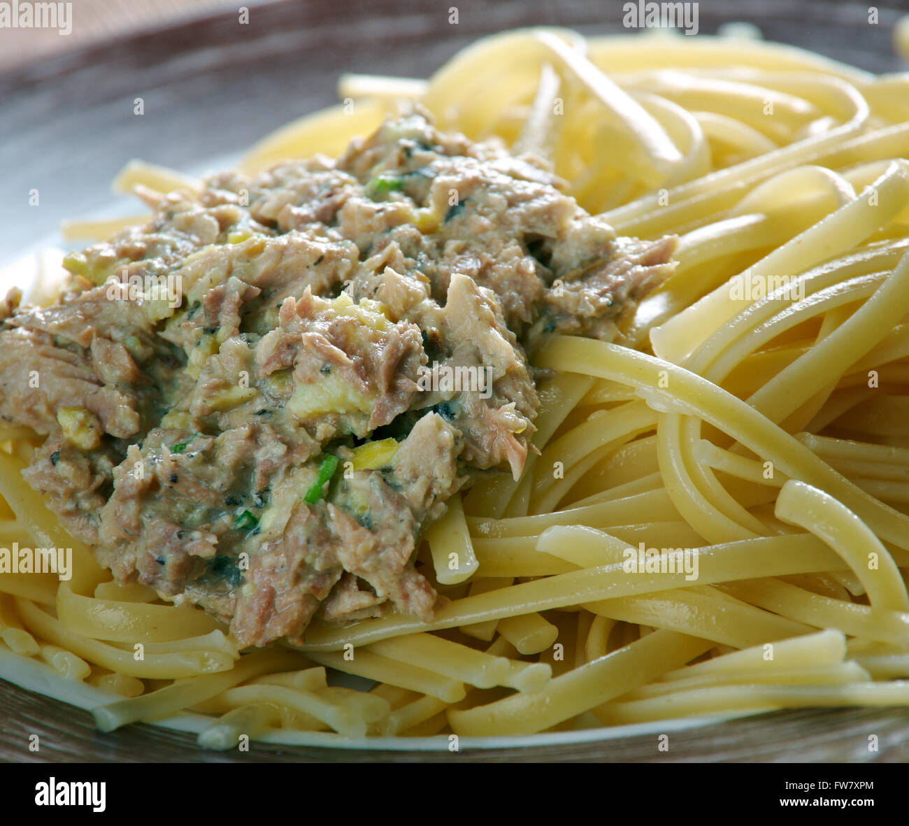 Bavette pasta with tuna sauce .italian cuisine Stock Photo - Alamy