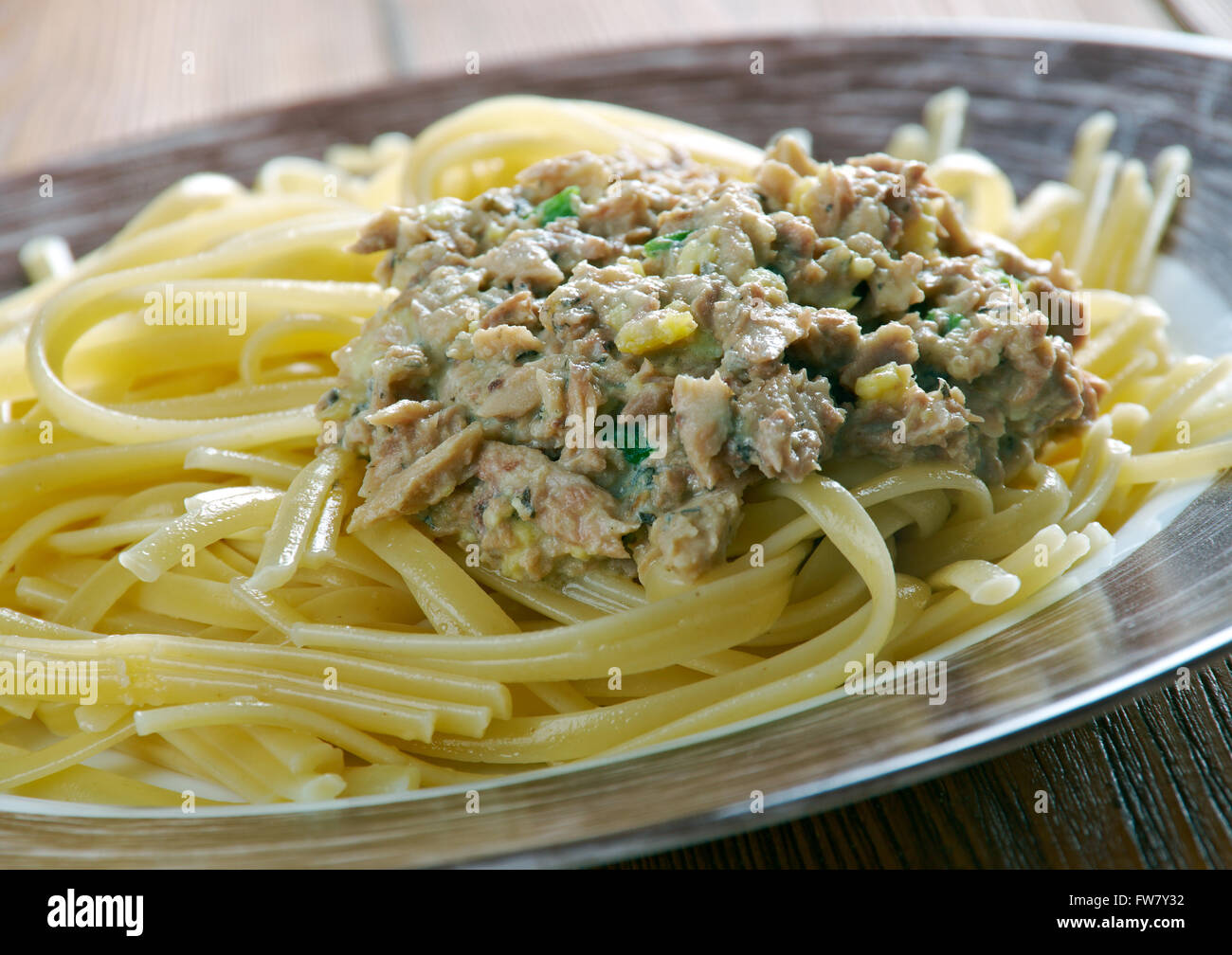 Bavette pasta with tuna sauce .italian cuisine Stock Photo - Alamy