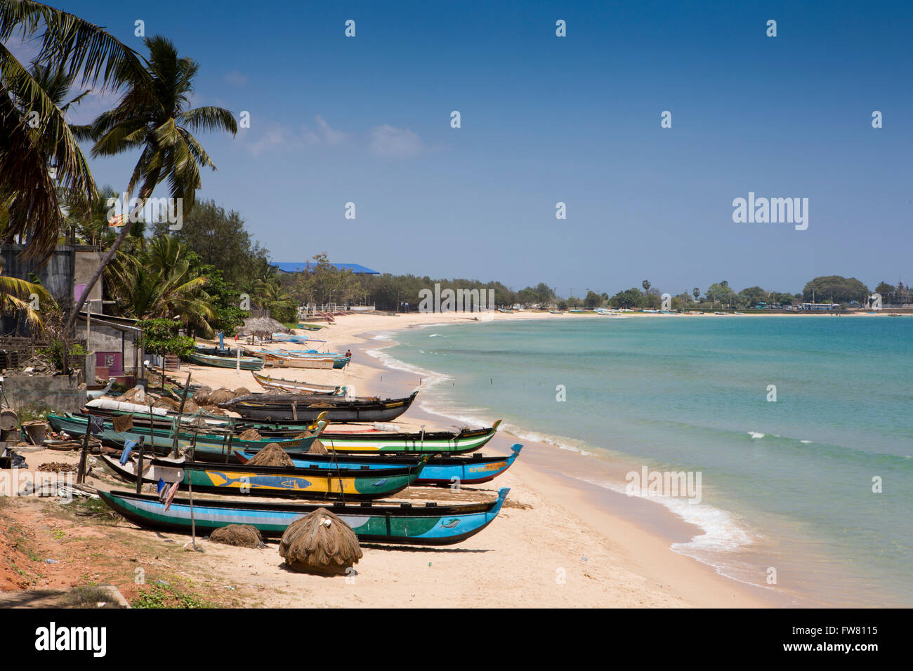 Sri Lanka, Trincomalee, Dutch Bay, colourful fishing boats on the empty ...