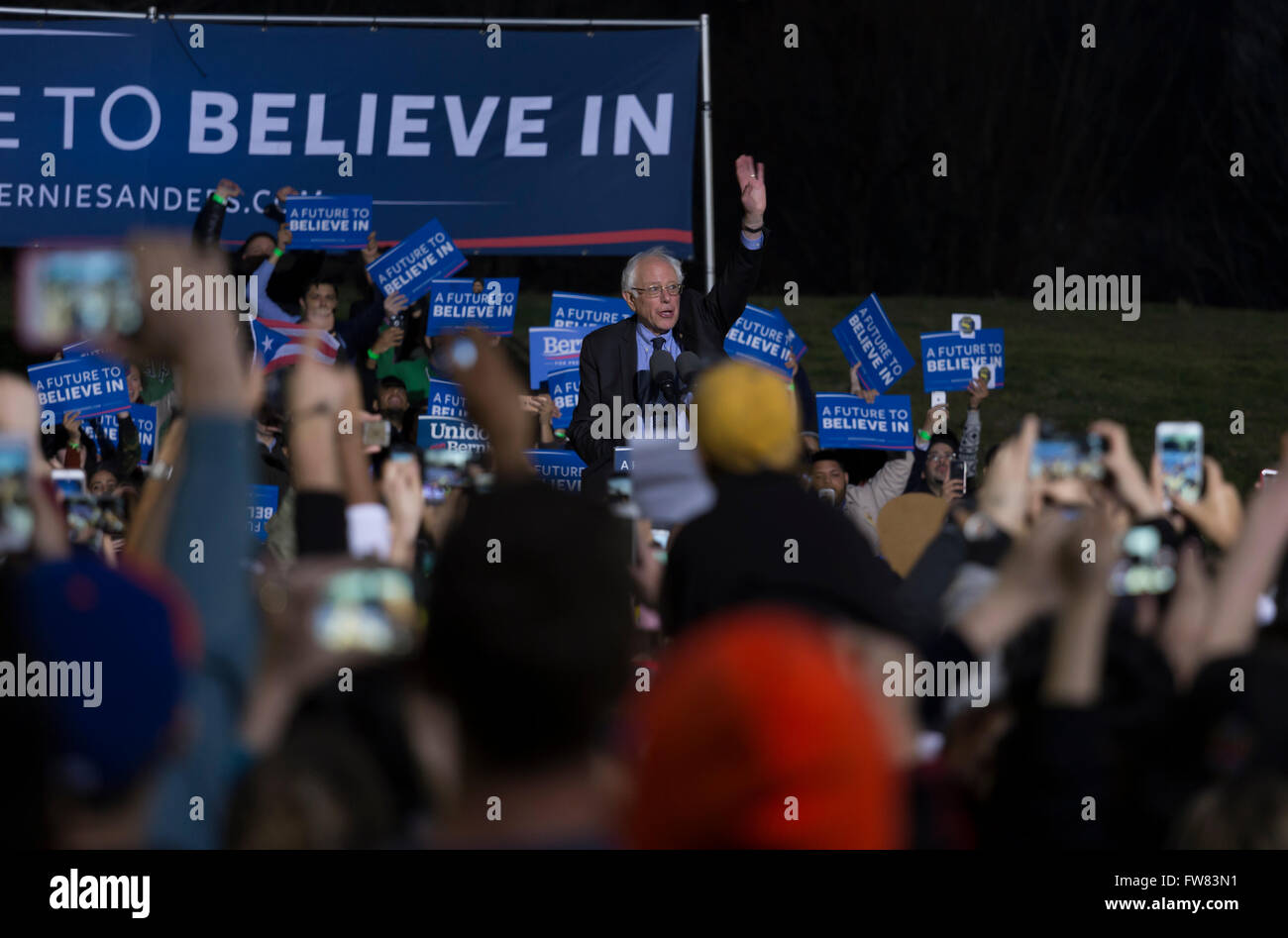 New York, USA. 31st March, 2016. Senator Bernie Sanders speaks at ...
