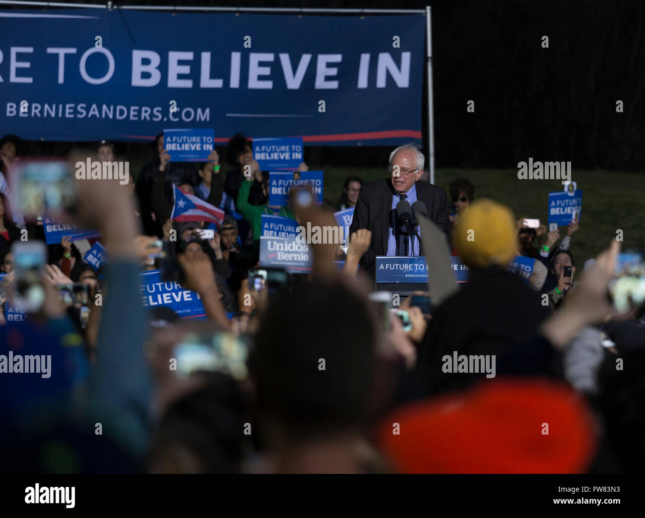 New York, USA. 31st March, 2016. Senator Bernie Sanders speaks at ...