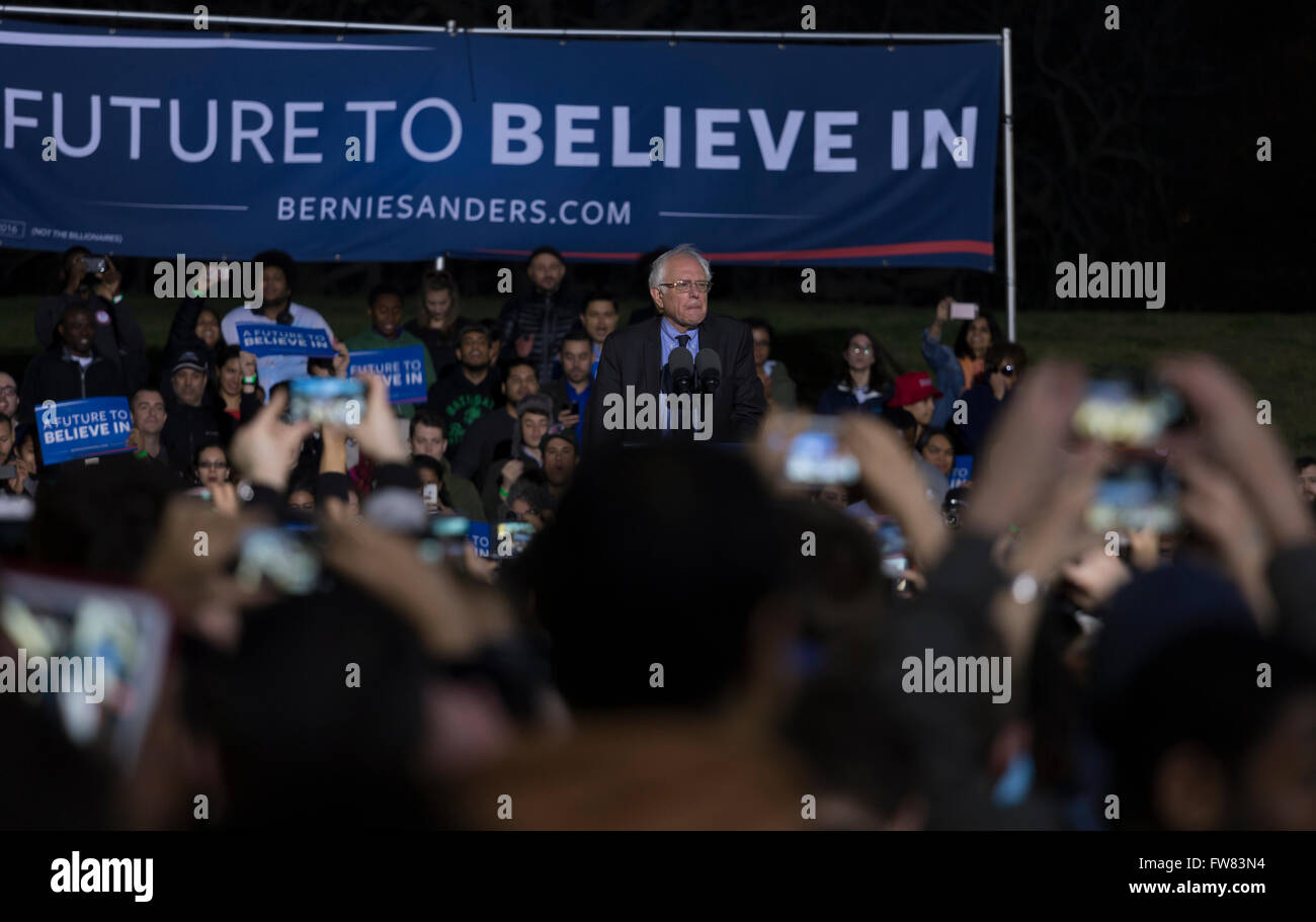 New York, USA. 31st March, 2016. Senator Bernie Sanders speaks at ...