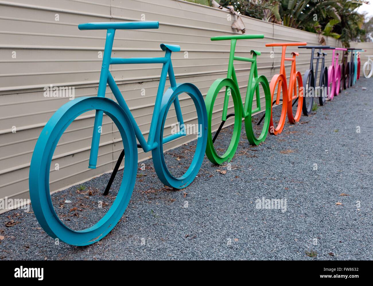 Over-sized colorful bicycles installed at a street in Chula Vista, in ...