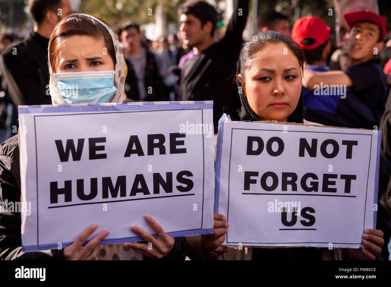 Afghan refugees protest in Athens against closed European borders. Sign ...