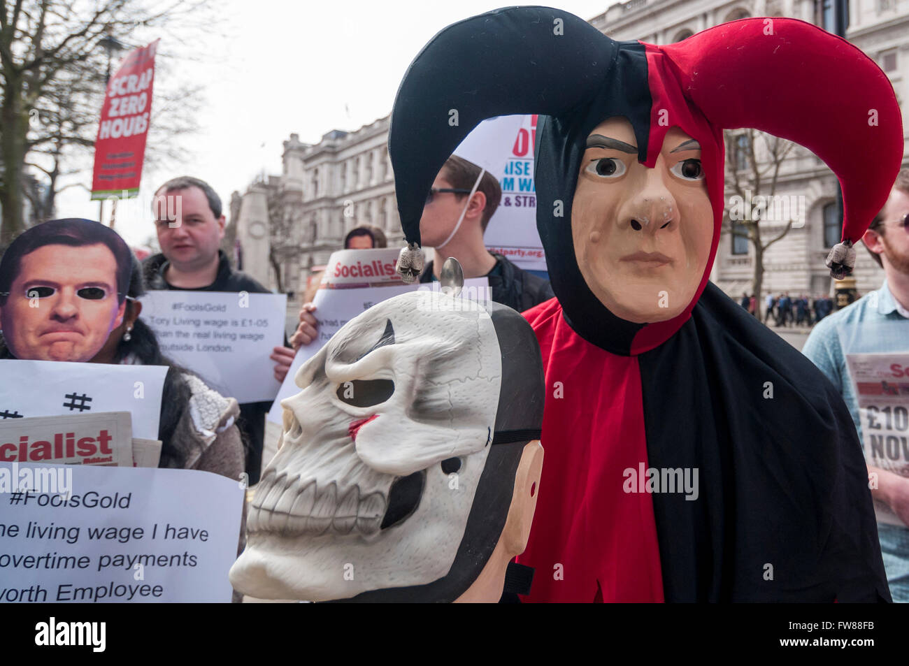 London, UK. 1 April 2016. A demonstrator dressed as George Osborne as a ...