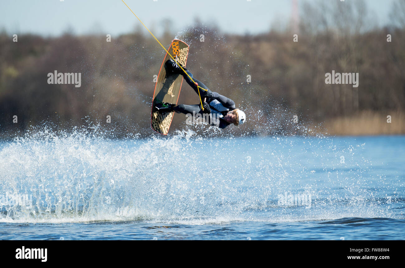 Hamburg, Germany. 1st Apr, 2016. Wakeboarder Andy Neumann in action at ...
