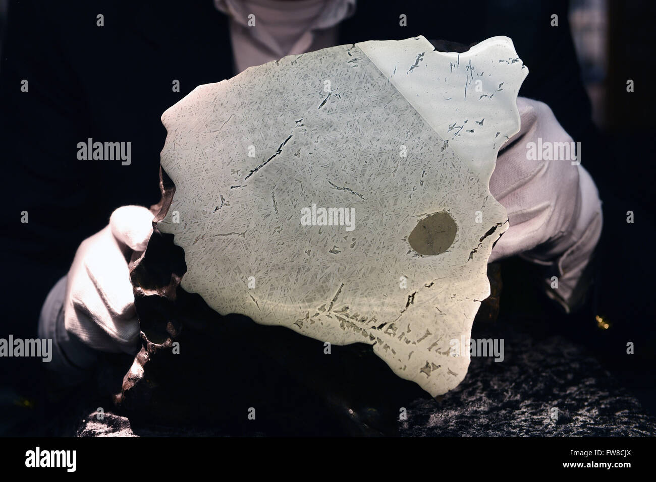 Marburg, Germany. 1st Apr, 2016. The meteorite of Treysa/Rommershausen ...