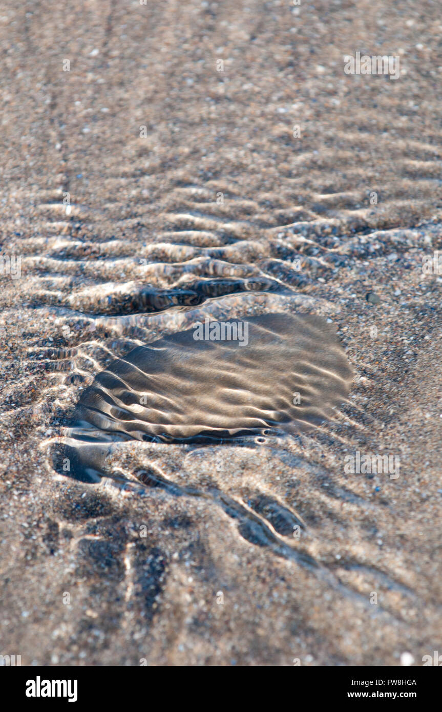 Water flowing over sand and a stone at the beach Stock Photo - Alamy