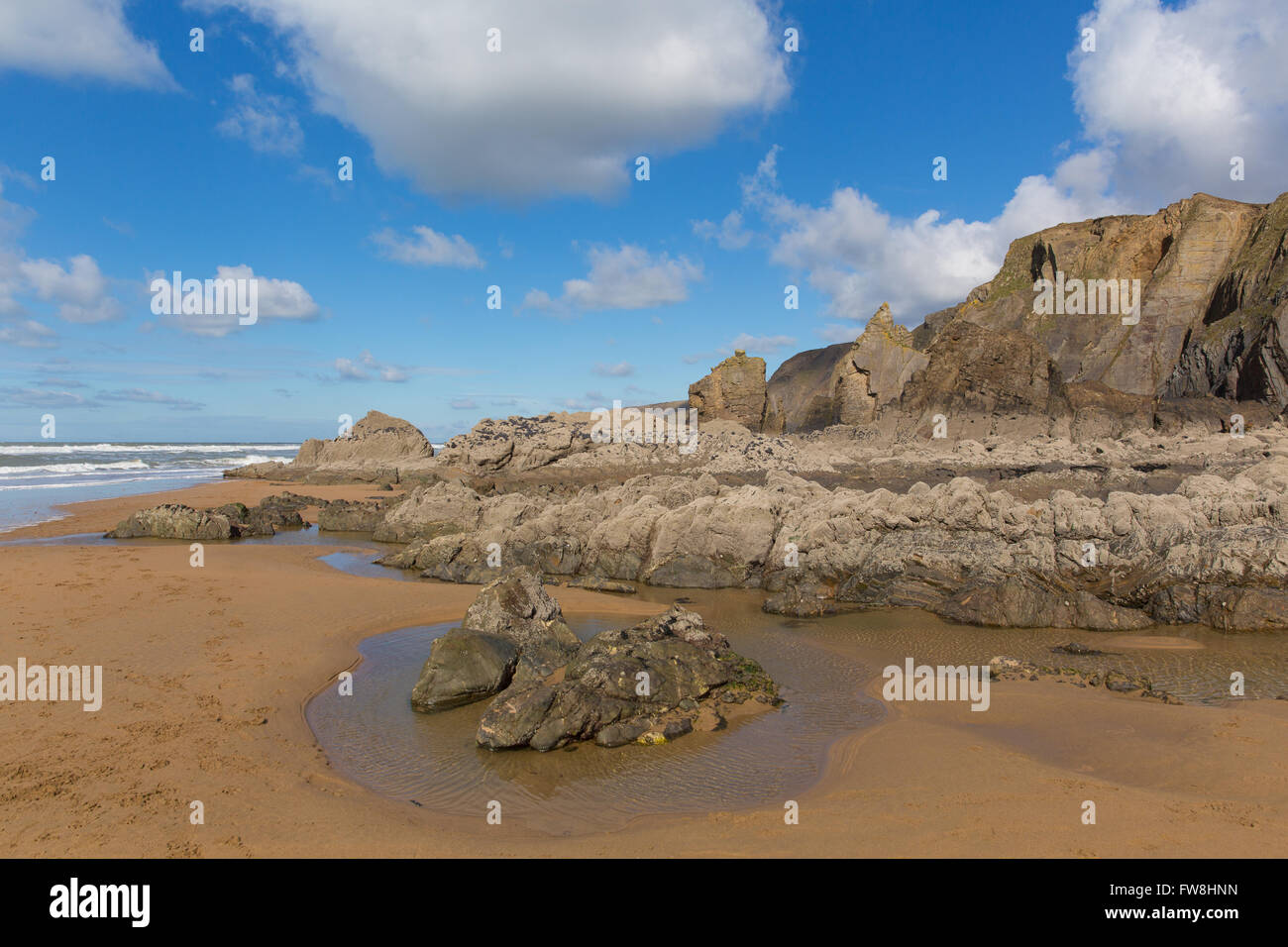 Sandymouth beach Cornwall England UK with unusual beautiful rock ...
