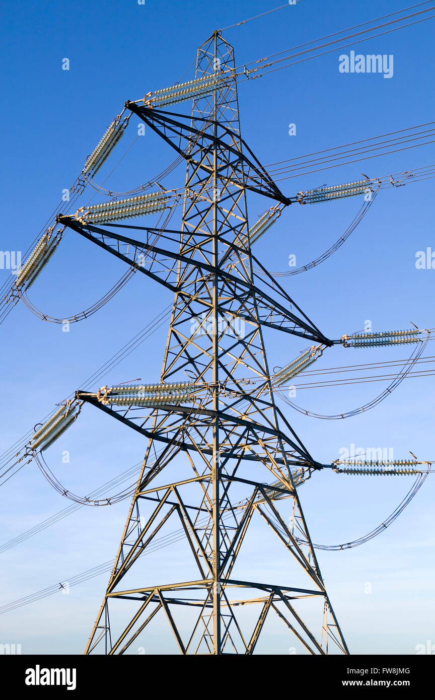 Tall electricity pylons stretch out across the British countryside ...