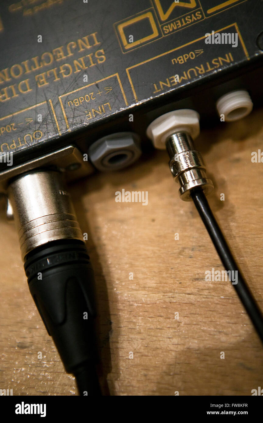 Detail of a mixing unit in a small recording studio showing the input ...