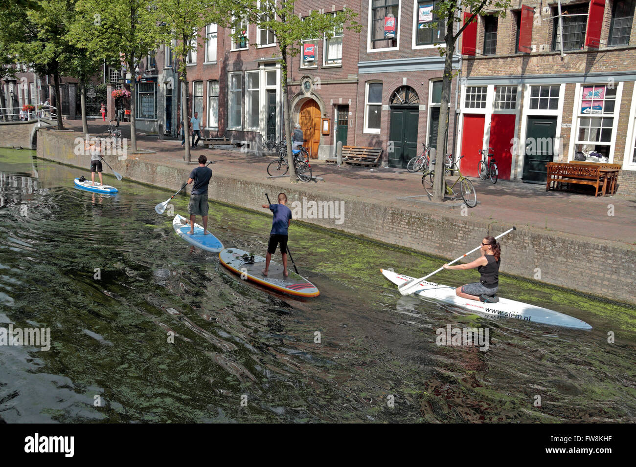 Paddle boarding (surfing) along the canal in Delft, South Holland ...