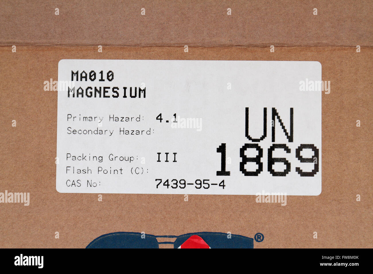 A UN ID label (for UN1869, magnesium metal) label on the packaging of a ...