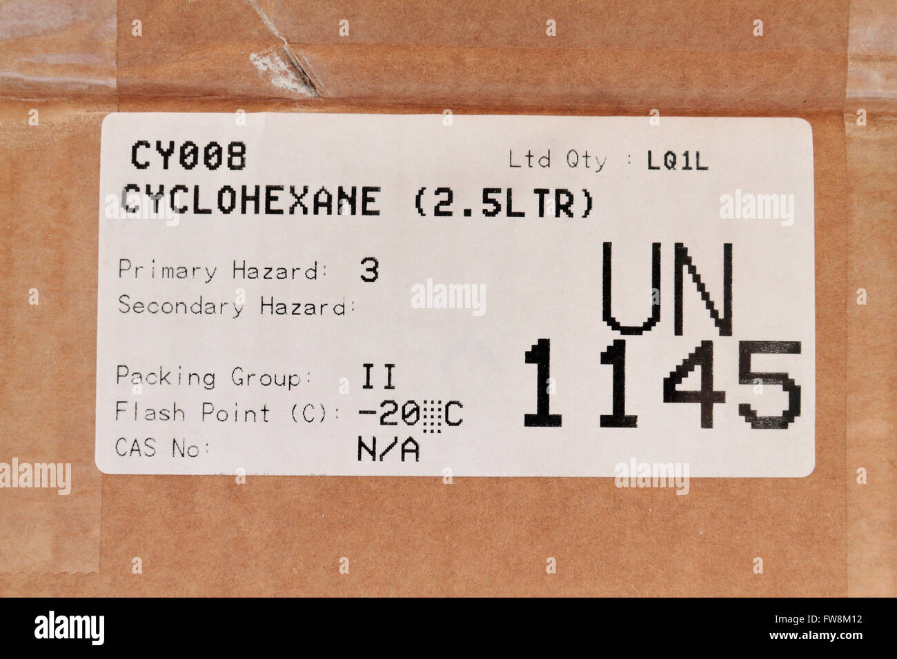 A UN ID label (for UN1145, cyclohexane) label on the packaging of a ...