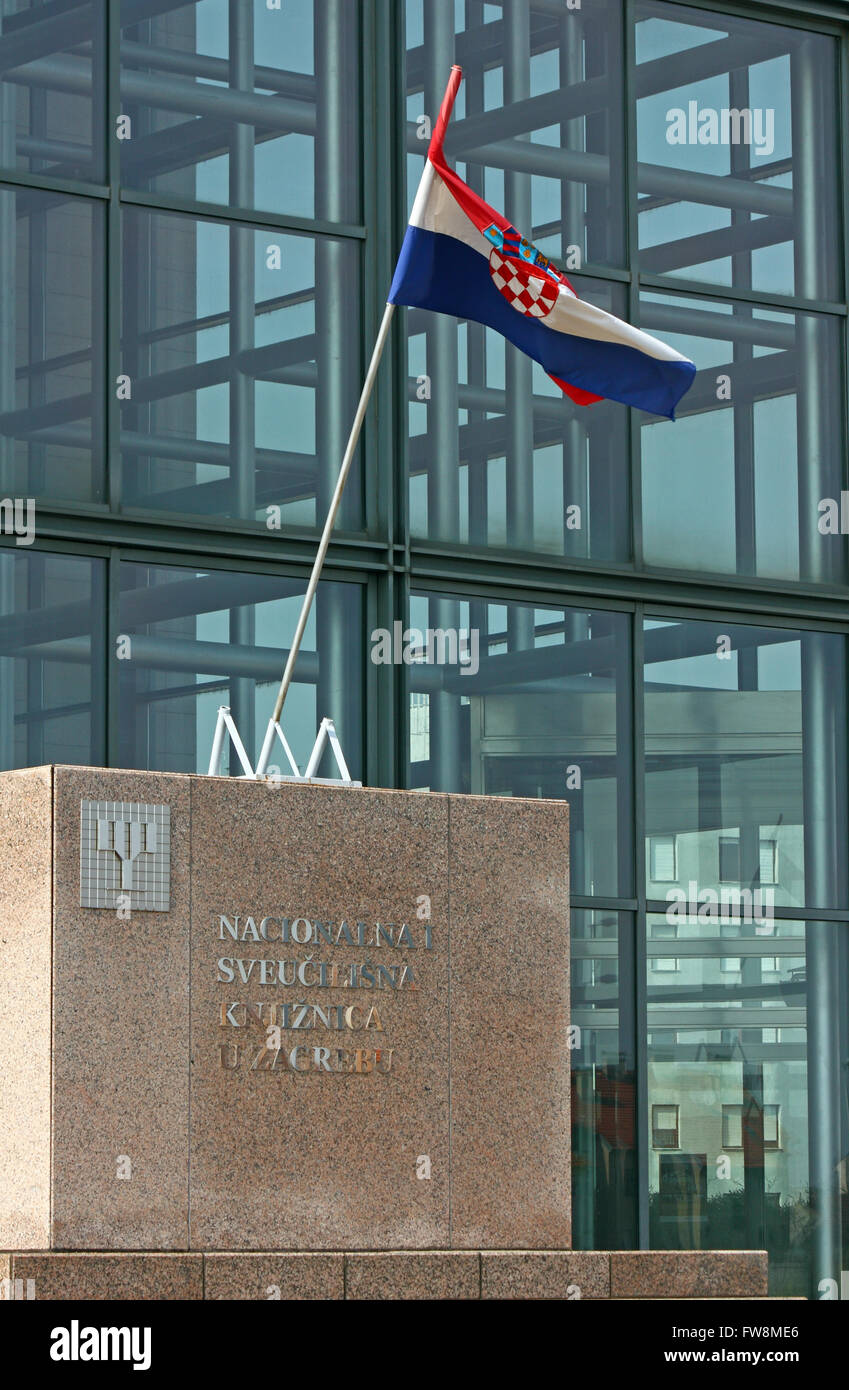 Croatian flag in front of National and University Library in Zagreb, is ...