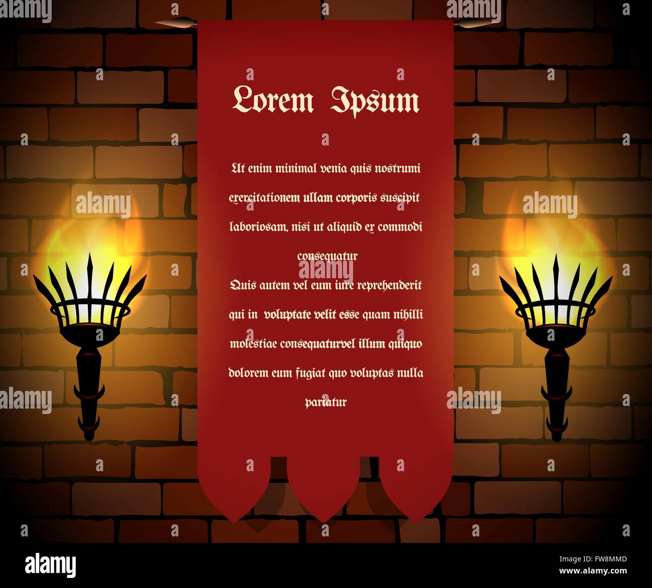 Torches and red banner with sample text on castle brick wall . Free ...