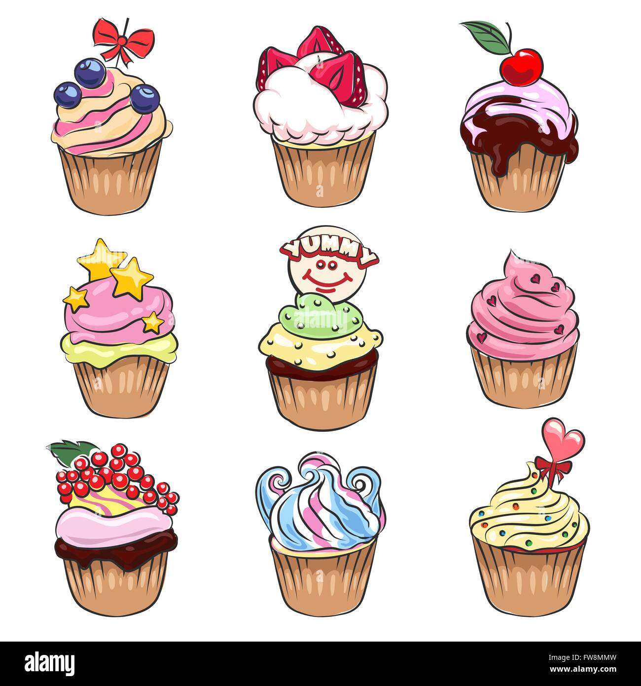 Set of nine colorful delicious cupcakes drawn in cartoon style. Isolated on white background ...