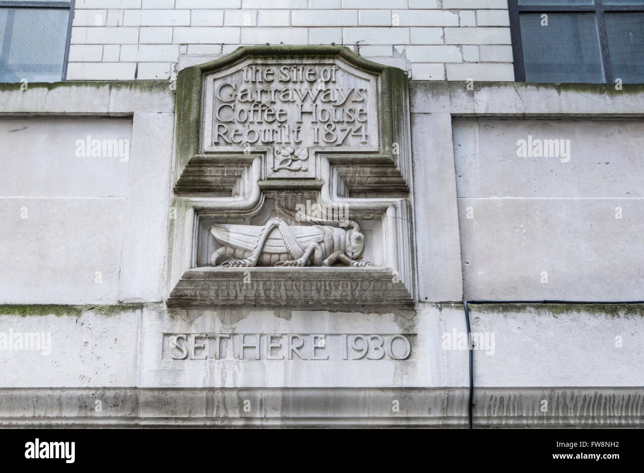 Plaque recording the site of Garraways Coffee House, Change Alley, City ...