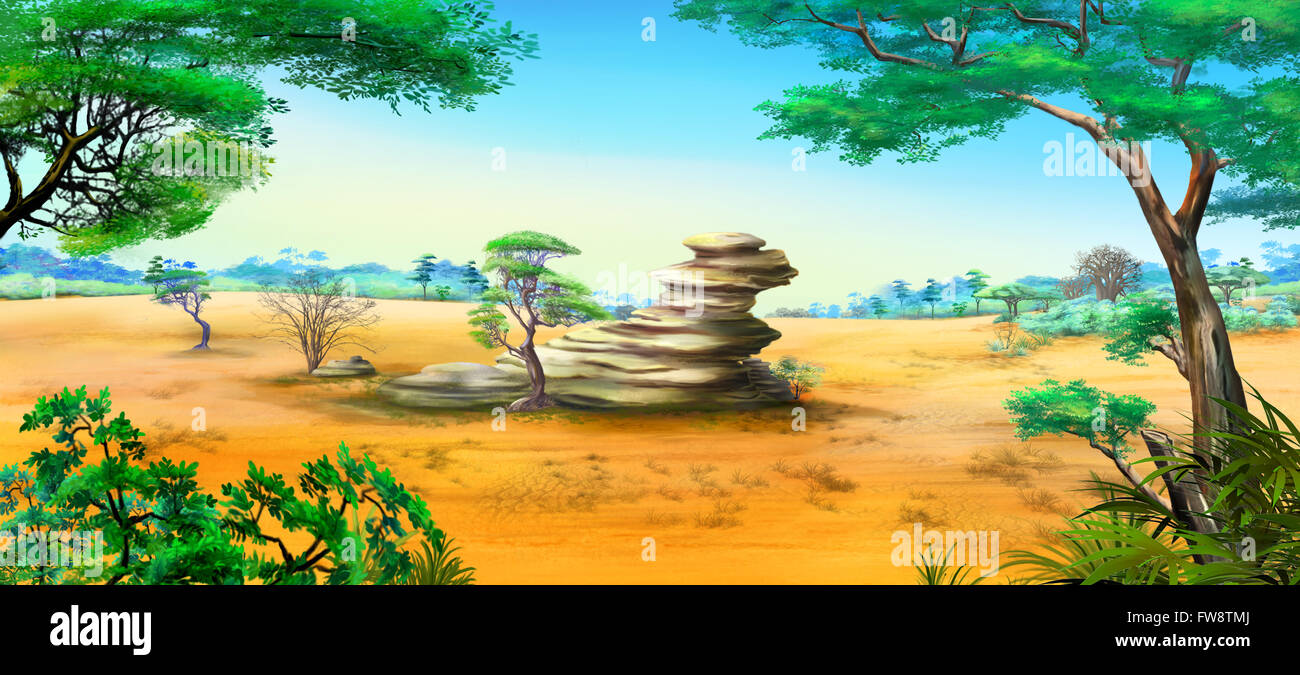 African Savannah in a summer day with stone rock Stock Photo - Alamy