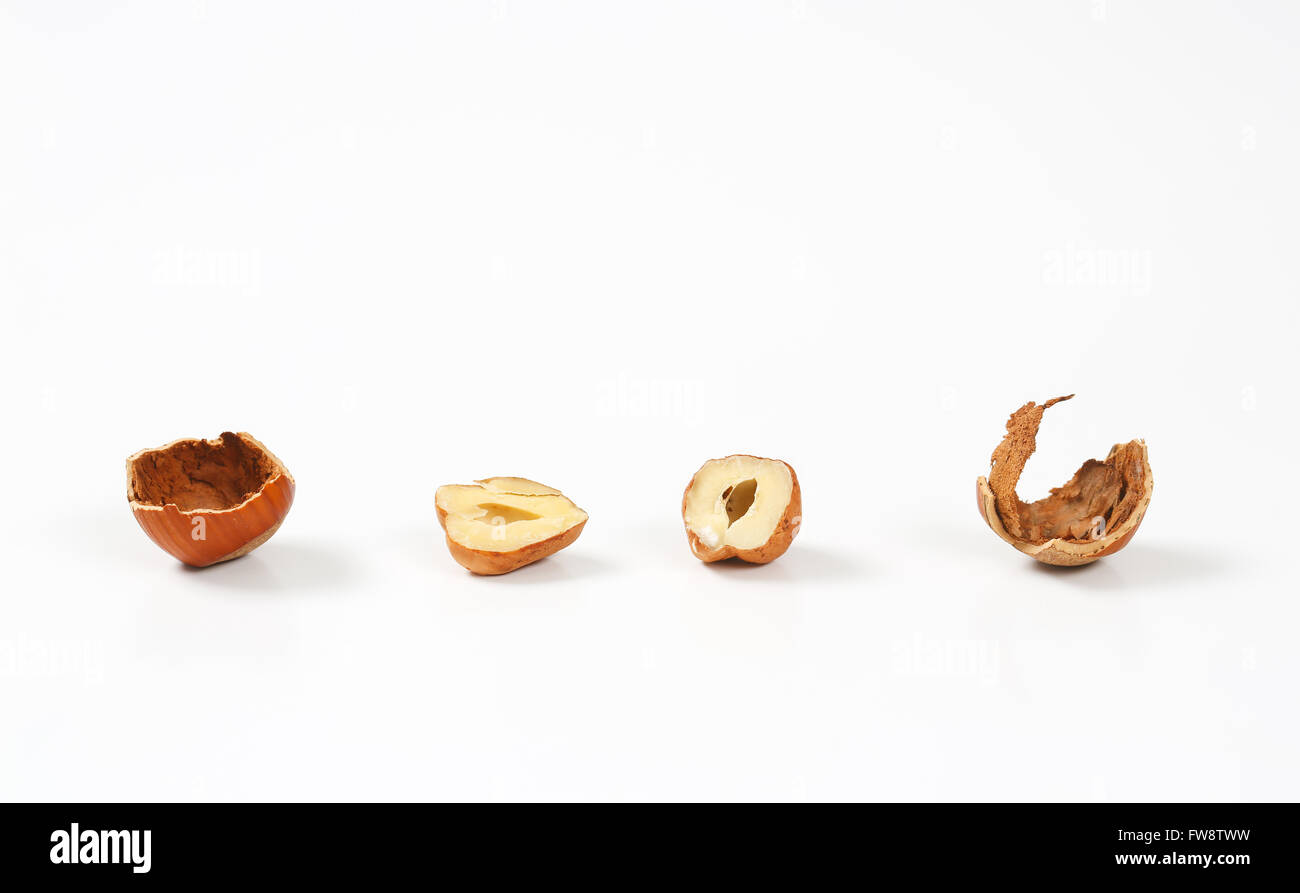 freshly cracked hazelnuts on white background Stock Photo - Alamy