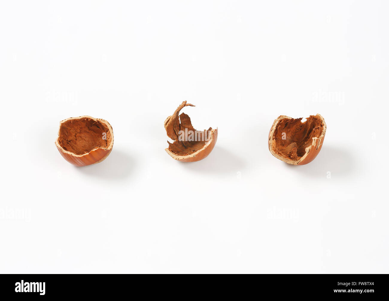three empty nutshells on white background Stock Photo - Alamy