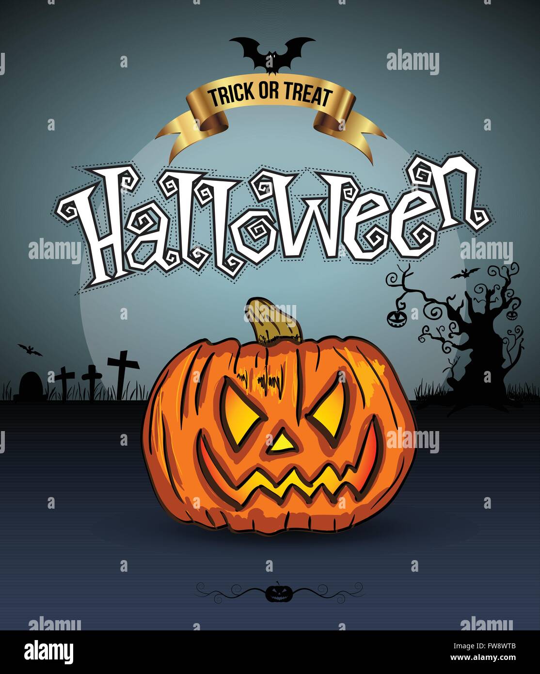 Scary pumpkins, full moon, trees and bats. Vector Illustration. Trick ...