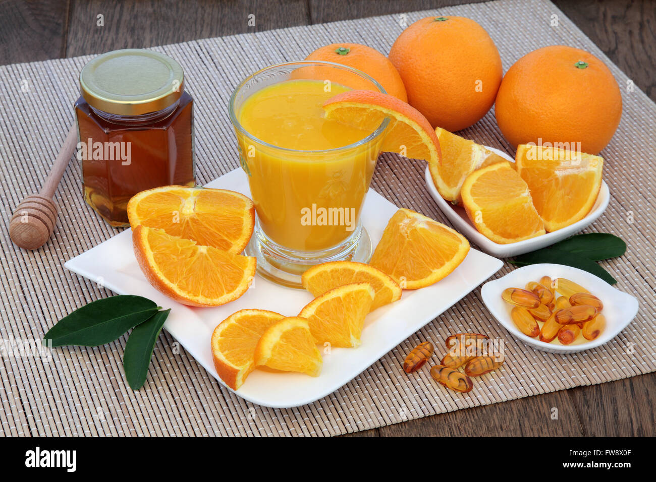 Health food for cold cure relief with freshly squeezed orange fruit ...