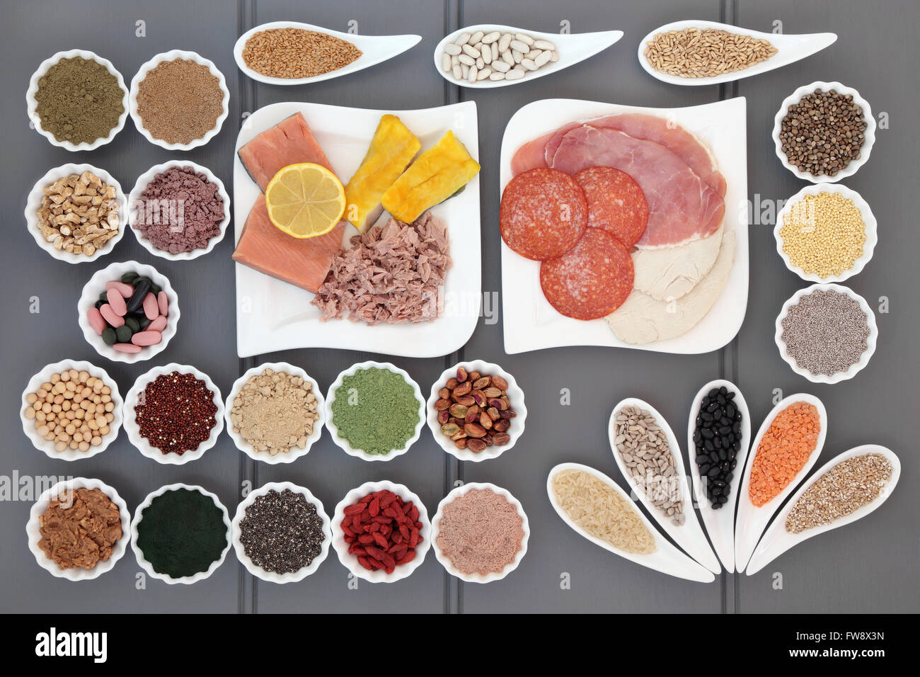 Health and super food with fish and meat, supplement powders, vitamin ...