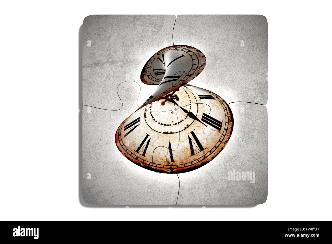 3d rendering of close-up of puzzle pieces with vintage twisted clock ...