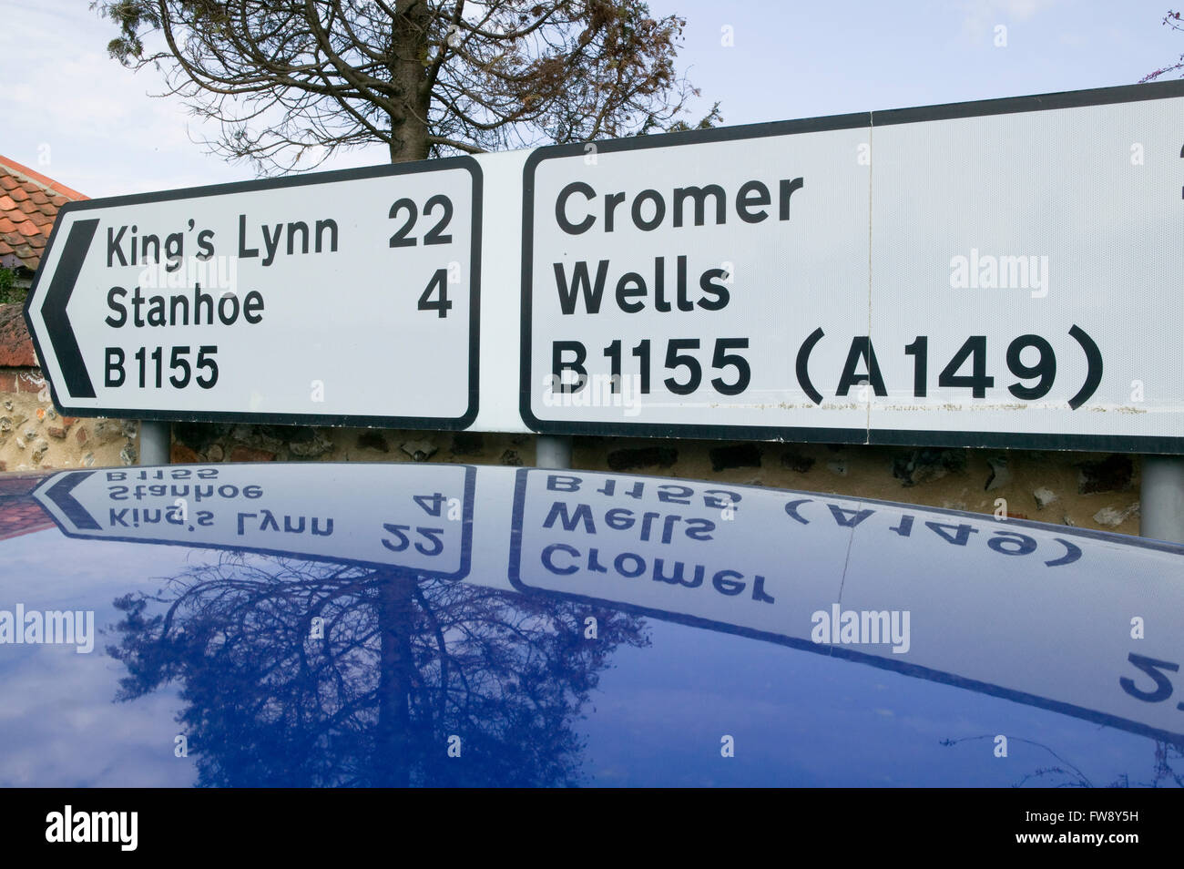 Sign post on a road in Norfolk near the towns of Cromer, Wells and ...